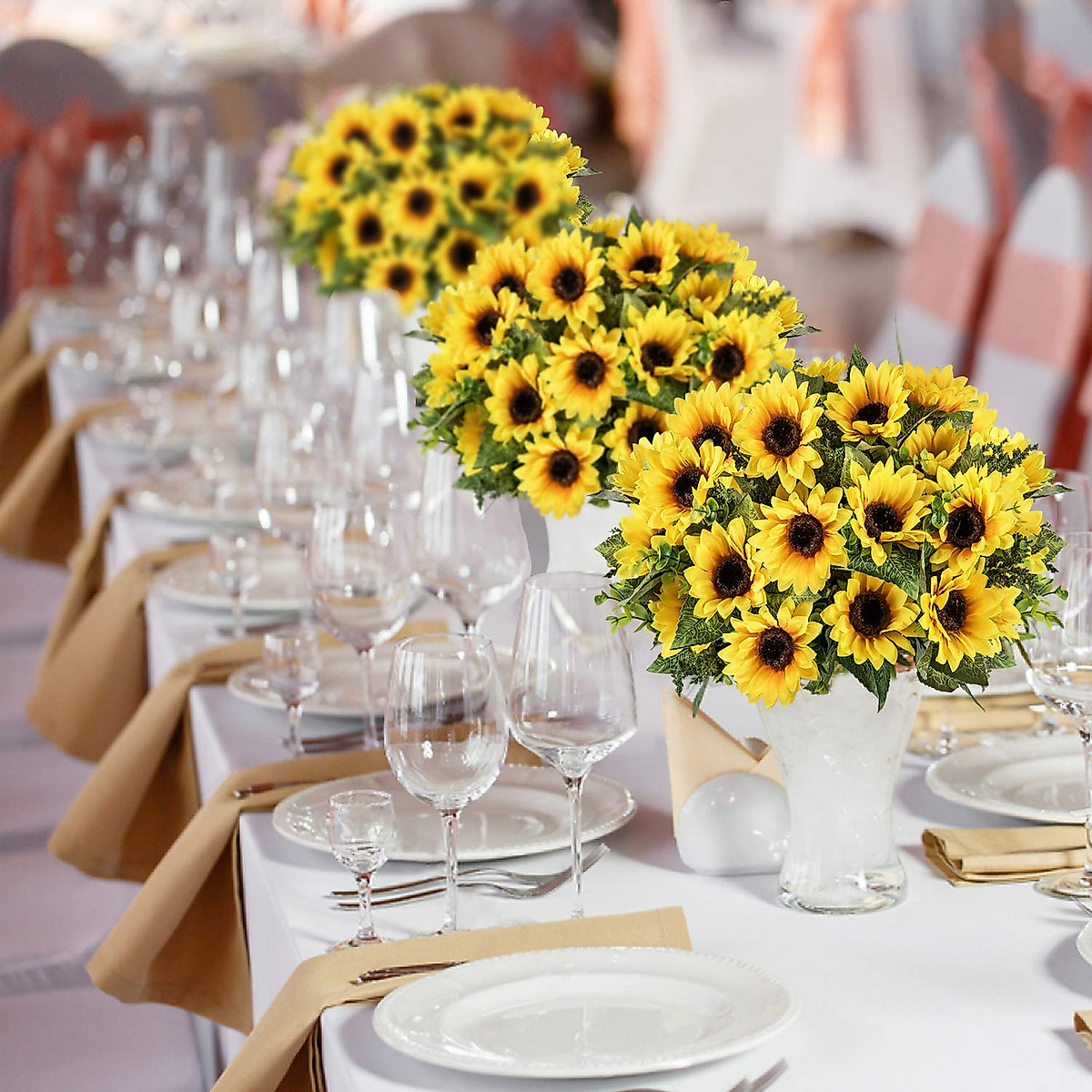 MARTINE MALL Artificial Sunflower Bouquet 2 Bunches Silk Sunflowers with Stems Leaves Fake Yellow Sunflowers Bundles for Wedding Bridal Party Garden Home Hotel Decor