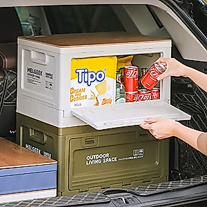 kooldaiwangwang Collapsible Storage Bins With Wooden LIDS, Outdoor Camping Storage Bins, Stackable Utility Storage Bins, Car Organizer Bins , Toys, Books, Snacks, Shoes and Groceries (Olive green)