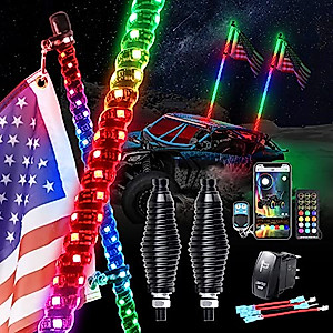 Whip Lights Uemicip 2PCS 3FT Spiral RGB LED Whip Light for UTV, with Spring Base App & RF Wireless Remote Control, Chasing Lighted Antenna Whips for UTV ATV RZR SXS Can-Am Polaris Offroad Truck