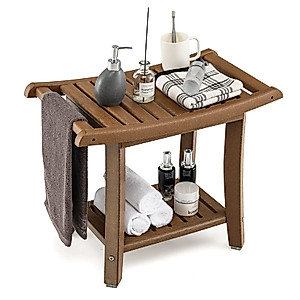 GOFLAME 2-Tier Shower Bench, Spa Bath Shower Stool with Curved Seat, 2 Easy-to-Grip Handles, Storage Shelf & Non-Slip Foot Pads, Waterproof Shower Chair for Bathroom, Living Room, Entryway, Brown