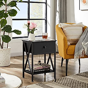 VECELO End Table,Modern Night Stand with Drawer& Shelf, Set of 2 Bedroom Living Room Office, 2 Nightstands, Black
