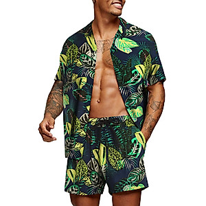 COOFANDY Men's Floral Pattern 2 Piece Summer Beach Short Sleeve Tracksuits