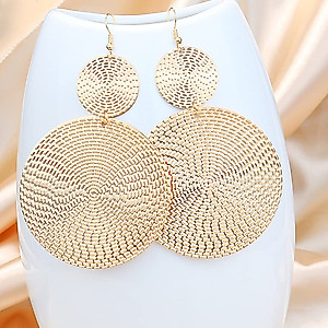 Large Double Circles Round Dangle Drop Earrings Geometric Statement Handmade Bohemian Dangling Earring Hook Studs Fashion Jewelry for Women Girls Yellow Gold (Yellow Gold)