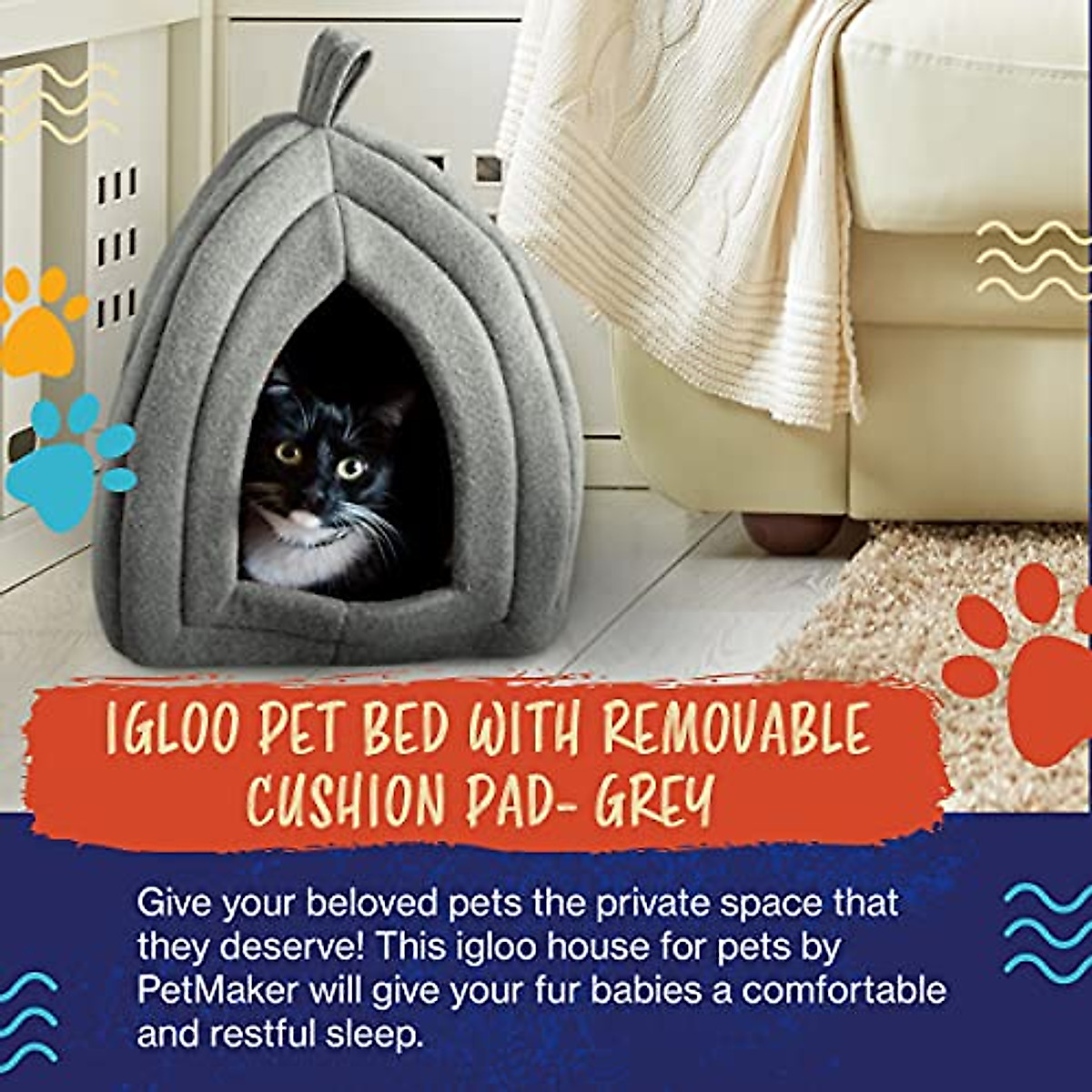 Cat House - Indoor Bed with Removable Foam Cushion - Pet Tent for Puppies, Rabbits, Guinea Pigs, Hedgehogs, and Other Small Animals by PETMAKER (Gray)
