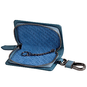 VISOUL Leather Car Key Fob Case Holder for Men and Women, Smart Keychain Protector with Metal Hook and Keyring, Zipper Case for House Keys (D01-Blue)