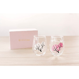 Japanese Sakura Cherry Blossom Color Changing Glass Cups (Pair) Magical Blooming Wine Glasses