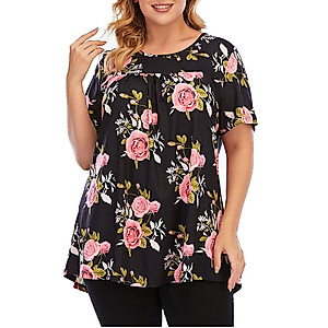 Bravetoshop Plus-Size Tops for Women Short Sleeve Round Neck Casual Tunic Tops Summer Loose Blouse (Black,XL)