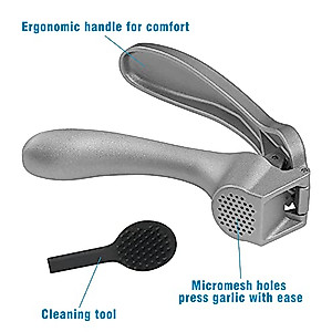 Garlic Press, Garlic Mincer Easy-squeeze Ergonomic Handle, Rust Proof, No Need To Peel, Professional Ginger Press & Garlic Crusher with Handy Cleaning Brush- Dishwasher Safe