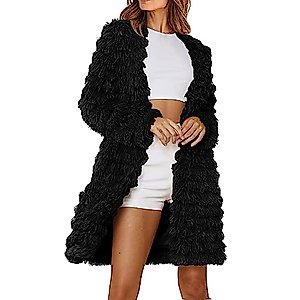 PRETTYGARDEN Women's Winter Faux Fur Jackets Fall Fashion Open Front Long Shaggy Coat Outerwear (Black,Medium)