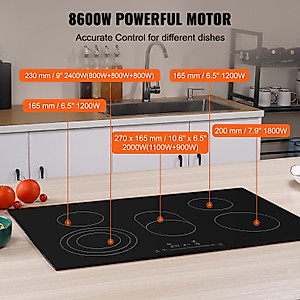 VEVOR Built in Electric Stove Top, 30 inch 5 Burners, 240V Glass Radiant Cooktop with Sensor Touch Control, Timer & Child Lock Included, 9 Power Levels for Simmer Steam Slow Cook Fry