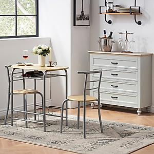 VECELO 3-Piece Bar Table Set, Round Tabletop & Chair for Kitchen Dining Room Breakfast, Built-in Wine Rack, Space Saving, 31.5" Length X 21" Width, Silver and Natural