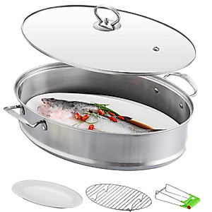 GOVNPJ Stainless Steel Fish Steamer, Fish Steamer for Cooking Multi-Use Oval Pasta Pot/Braiser with Rack, Ceramic Pan, Chuck, Stockpot for Steaming Fish, Boiling Soup