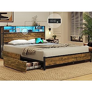 ADORNEVE Queen Bed Frame with LED Lights Headboard & 4 Storage Drawers, Metal Smart Platform Bed with Outlets & USB Ports, LED Bed Frame with Bookcase Headboard, No Box Spring Needed, Vintage Brown