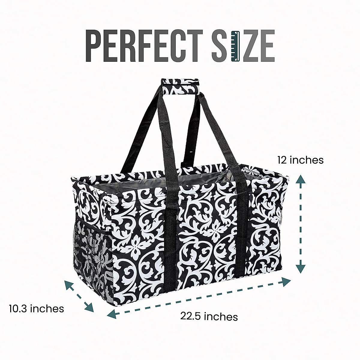 Lucazzi Extra Large Utility Tote Bag - Oversized Collapsible Reusable Wire Frame Rectangular Canvas Basket With Two Exterior Pockets For Beach, Pool, Laundry, Car Trunk, Storage - Damask Gray