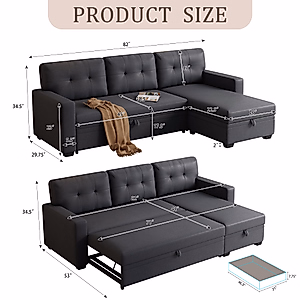 Jintop 82" L-Shape Convertible Sleeper Sectional Sofa with Storage Chaise and Pull-Out Bed,Upholstered Reversible Corner 3 Seater Couch with Button Tufted Backrest & Armrest,for Living Room,Dark Gray