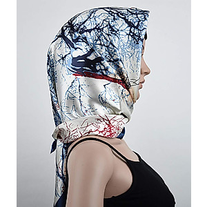 corciova 35 x 35 Large Bandana Women Satin Tie Square Headband Silk Like Hair Scarf Wrap Headscarf Prussian Blue Beige Trees