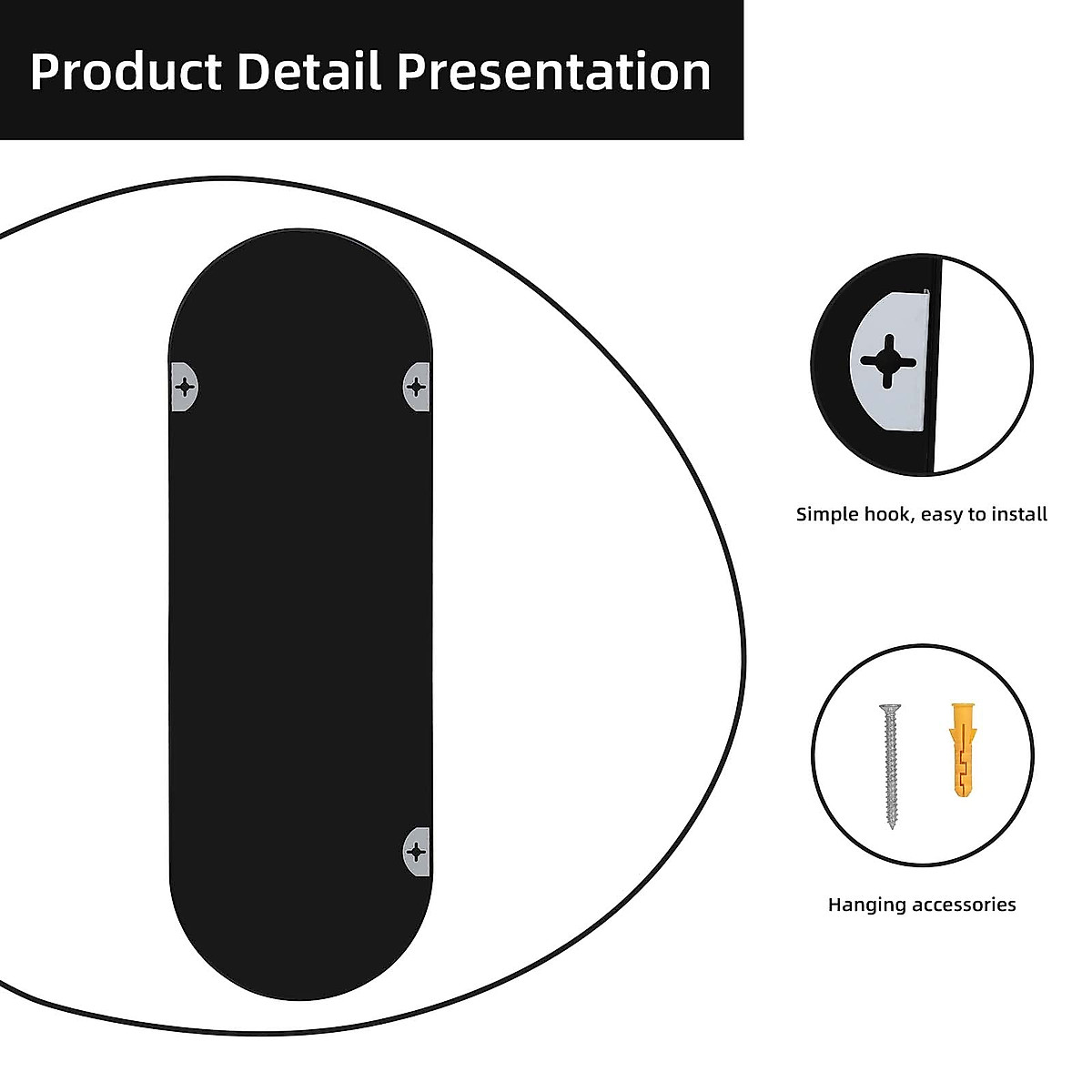 ZHUNFA 65"x 22" Oval Full Length Wall Mirror, Arched Top, Black