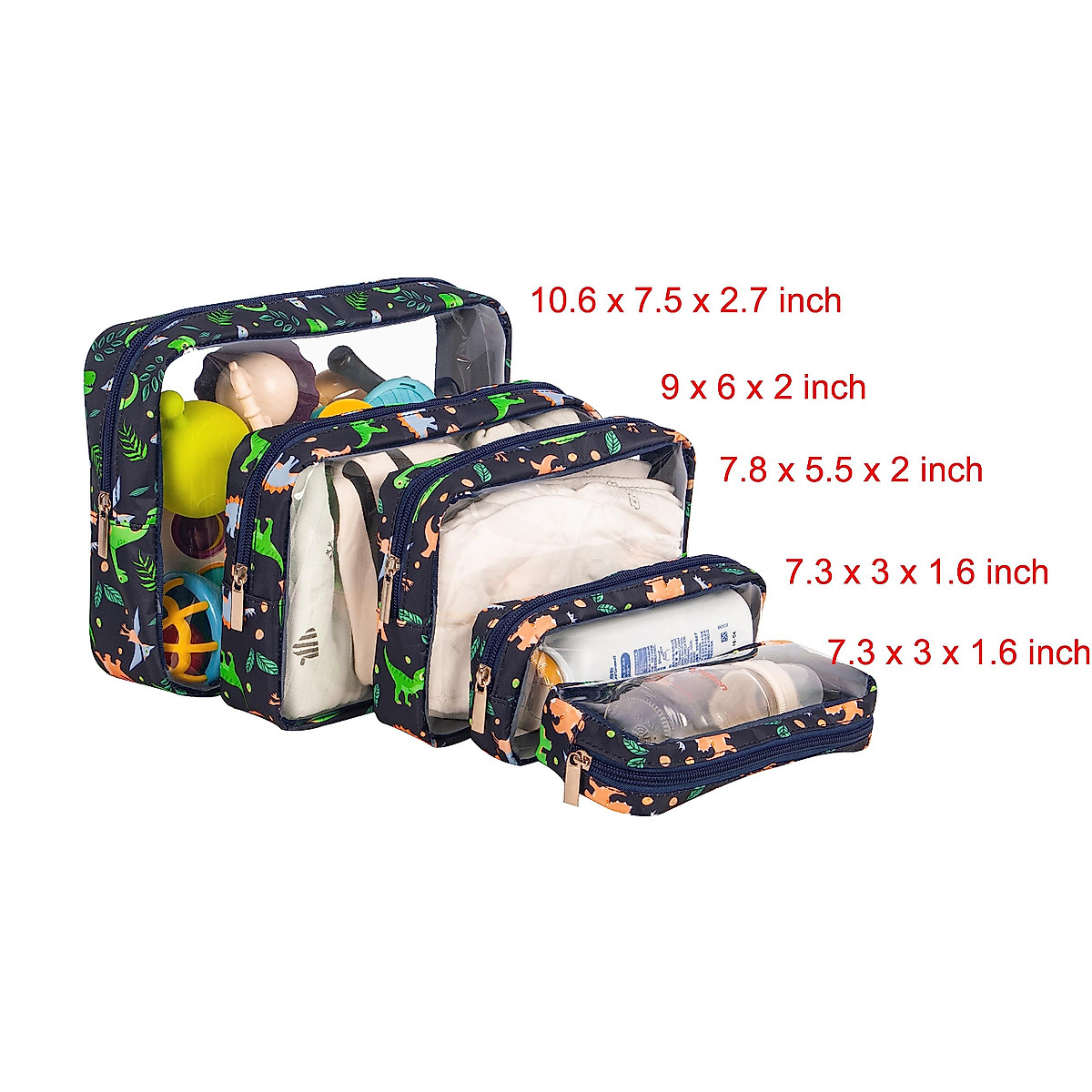 Remobia Hicol TSA Approved 5-Piece Diaper Bag Organizer Pouch Set Clear Waterproof TPU Kids Toiletry Storage Set Travel Packing Clutch Cube Bags for Baby Nursing(Dinosour)