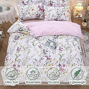 URBONUR Floral Duvet Cover Set King Size 3-Pieces Egyptian Cotton Percale Sateen Bedding Set Garden Shabby Flowers Comforter Cover, Soft Breathable Durable Duvet Covers with Button Closure