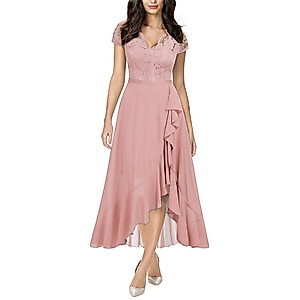 Miusol Women's V Neck Elegant Lace Ruffle Bridesmaid Maxi Dress (Large, Pink)