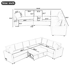 Livavege Convertible Sleeper Sectional Sofa with Pull-Out Bed and Storage Space & Ottoman, Armrest w/USB Ports & Cup Holders, Corner 6 Person L-Shape Couch for Living Room, Office, Apartment