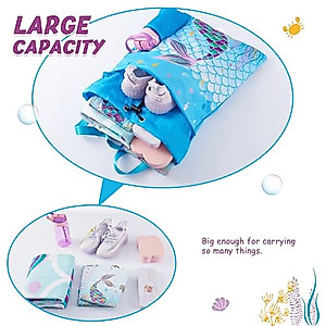 WAWSAM Mermaid Gym Drawstring Backpack - 15” × 17” Sports Gym Bag for Girls Kids Waterproof Swimming Beach Sackpack Birthday Christmas Gift with Zippered Pocket and Water Bottle Pocket