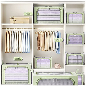 AARAINBOW Closet Clothes Organizer 3 Pcs, Stackable Storage Bins Steel Frame Storage Boxes with Lids Foldable Storage Container with Clear Window & Reinforced Handles, 24L (Gray green pink)