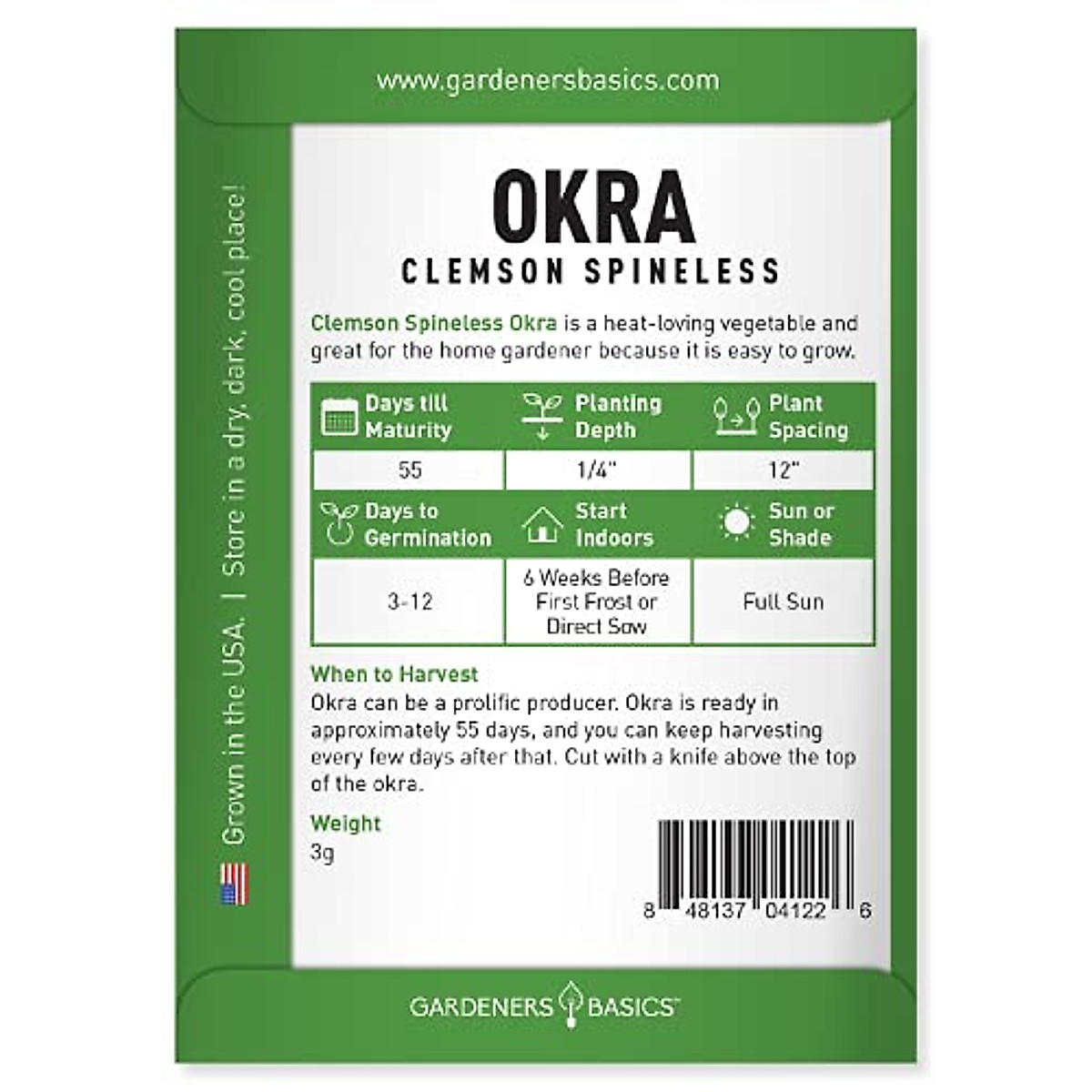 Okra Seeds for Planting - Clemson Spinless Heirloom, Non-GMO Vegetable Variety- 3 Grams Seeds Great for Summer Gardens by Gardeners Basics
