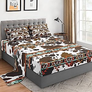 WeCozy Queen Size 4 Pcs Bed Fitted Sheet Set with 14" Deep Pocket, Vintage Retro Animal Flat Sheet Set for Kids and Adults, Cow Brown Cowhide Bedding Set with 2 Pillowcases