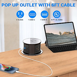 Pop Up Outlet Electrical Power Socket for Kitchen Countertop, Retractable Recessed Power Strip 4.7'' Hidden Outlet with 15W Wireless Charger 4 AC Plug 1 USB-A and 1 USB-C Port (Black)