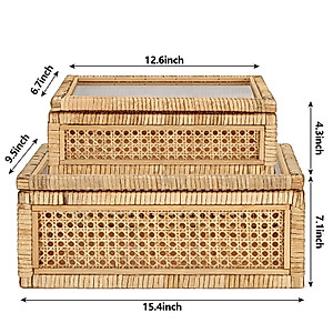Set of 2 Boho Rectangular Rattan Decorative Boxes with Glass Lids Woven Cane and Rattan Display Boxes with Lids Storage Basket Bins for Home Decor (15.4 x 9.5 x 7.1 Inch, 12.6 x 6.7 x 4.3 Inch)
