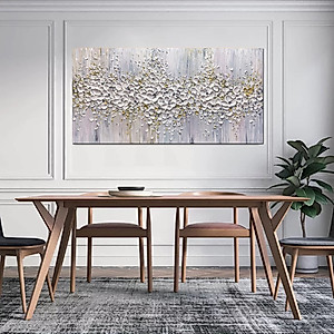 ART8YUQI Paintings - Contemporary Abstract Art Oil Painting On Canvas Texture 3D White Flower painting Handmade Artwork Picture Canvas Wall Art Modern Home Decor living room Ready to Hang 24x48inch