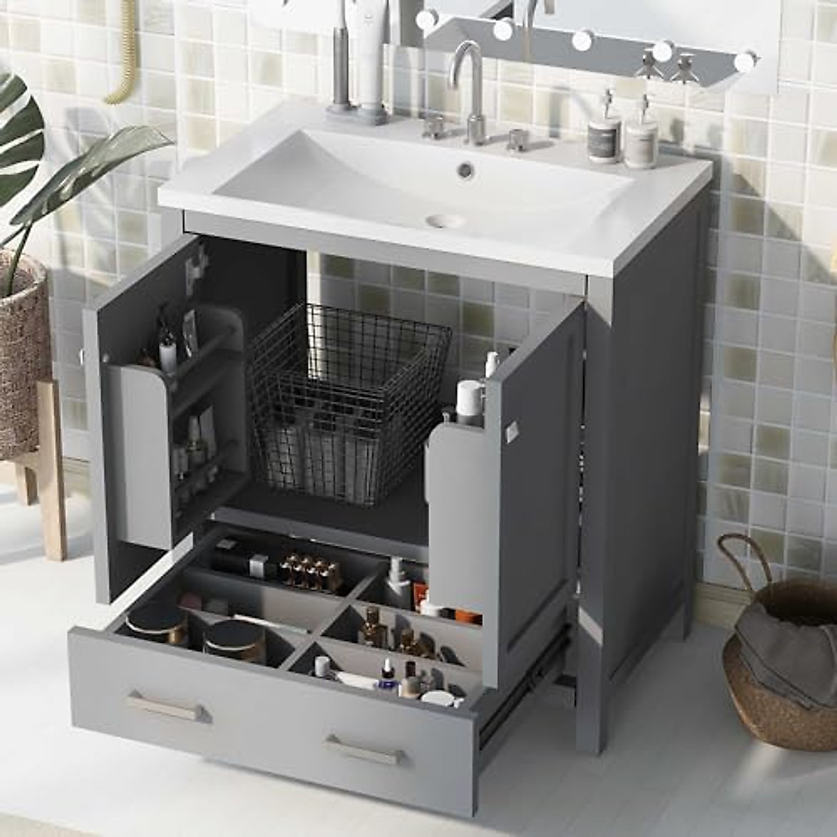 RIDFY 30" Bathroom Vanity with Sink, Modern Combo Cabinet Undermount Sink with 2 Doors and Drawer, Multifunctional Storage, Freestanding Single Basin Vanity, Solid Wood Frame (Grey)