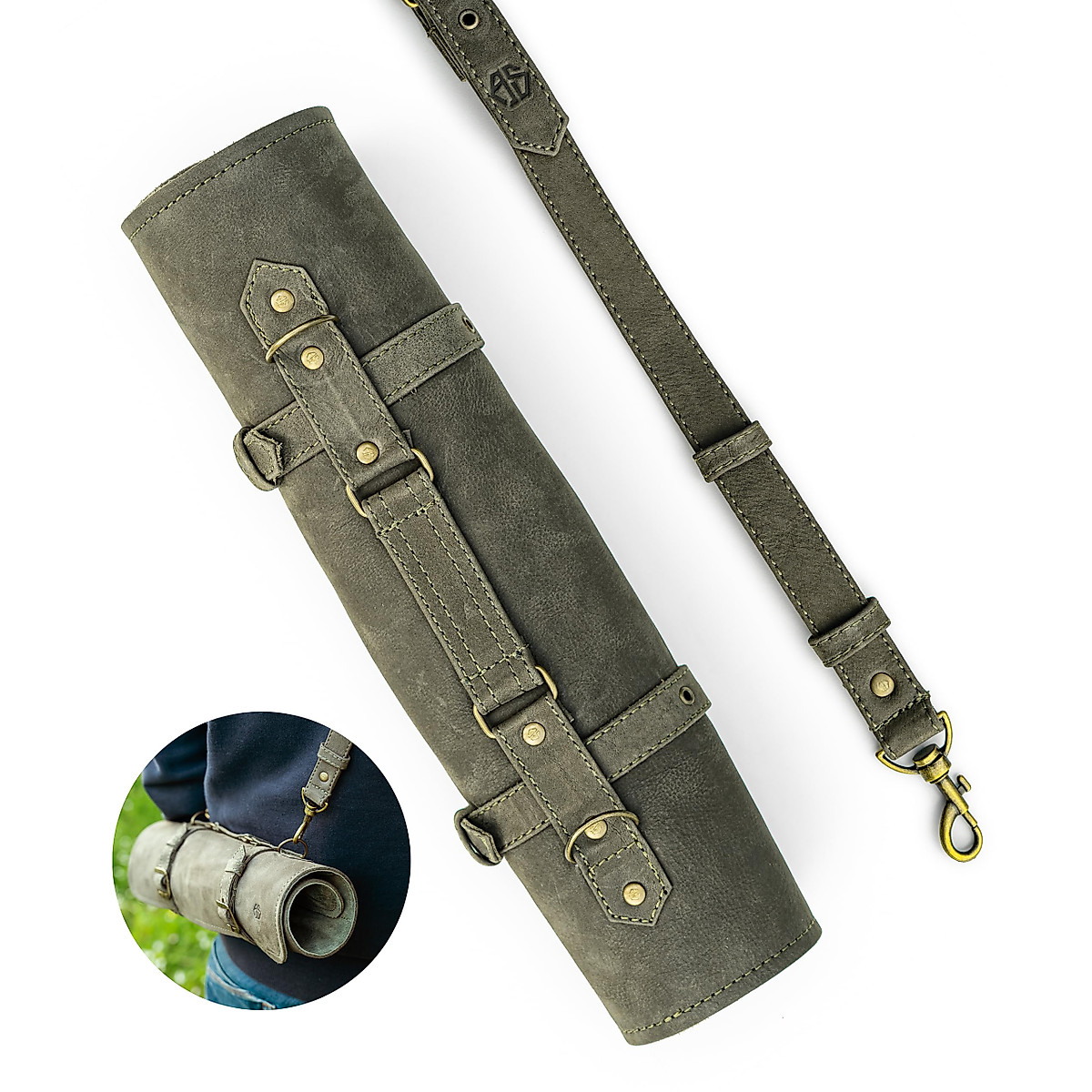 Angus Stoke Knife Roll Bag Genuine Leather – Knife case for Chefs 7 Slots – Leather Knife with Handle and Strap Frank (Olive-Green)