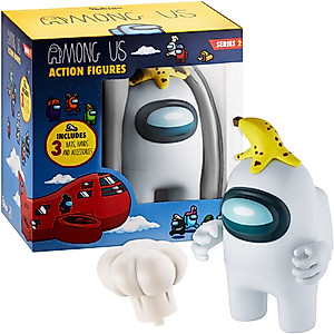 P.M.I. Among Us Action Figure |One of Four 6.7-Inch-Tall Collectibles | Among Us Toys and Playable Mini Toys | White Crewmate in The Spotted Peeled Banana Hat with Hidden Hat and Hands | Kids’ Toys