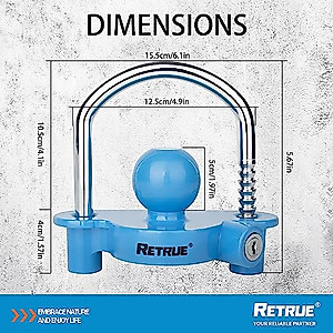 RETRUE Universal Coupler Lock Trailer Locks Ball Hitch Trailer Hitch Lock Adjustable Security Heavy-Duty Steel Fits 1-7/8 Inch, 2 Inch, 2-5/16 Inch Couplers Blue