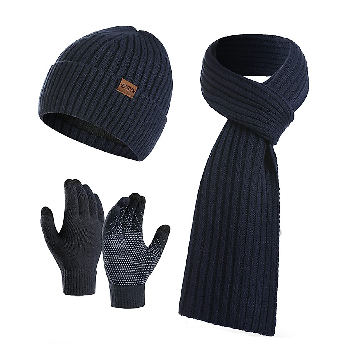 LONGTEN Winter Beanie Hat Scarf Touch Screen Driving Gloves Set for Men Women Ribbed Knit 3 in 1 Navy