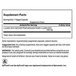 Swanson Amino Acid Ajipure L-Lysine Pharmaceutical Grade 500 Milligrams 90 Veg Capsules (2 Pack)