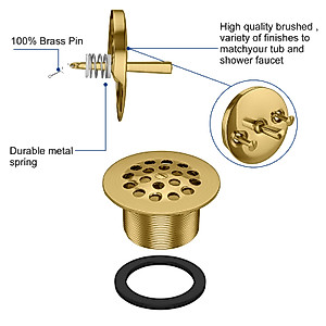 Trip Lever Tub Trim Kit Set With Two Hole Trip Lever Overflow Face Plate, Grid Tub Drain Kit, Bathtub Drain Assembly Stopper Kit, Overflow and Matching Screws(Brushed Gold)