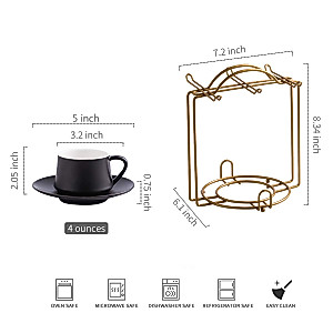 YHOSSEUN Espresso Cups with Saucers Set with Cup Holder 4 oz Cappuccino Cups Set of 6 Porcelain Espresso Cups Set and Metal Stand 3 OZ Demitasse Cup