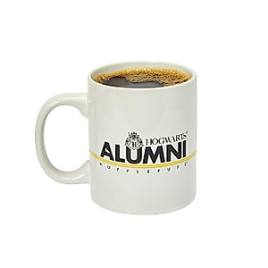 Harry Potter Hufflepuff Alumni 11-Oz Mug - White Ceramic Cup With Handle - Hogwarts Crest & House Yellow Stripe With Black Lettering - From Rowling's Wizarding World