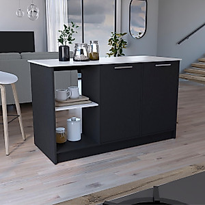 Tuhome Juniper Kitchen Island with Large Top Surface, Double Door Cabinet, and Open Shelves -Black/Onyx