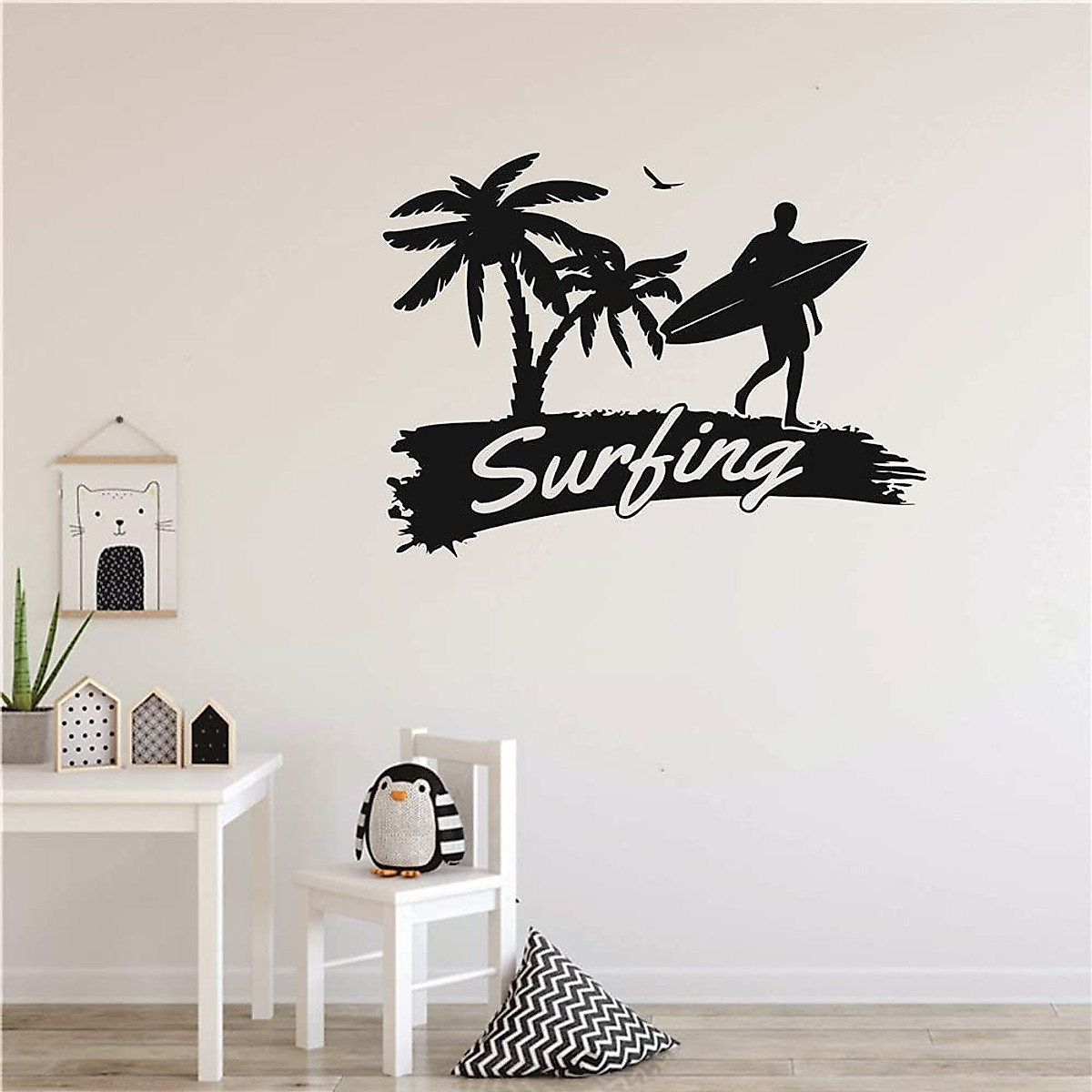 Vinyl Wall Art Surfing Wall Decal Gym Sports Boys Teenages Surf Board Palm Tree Wall Sticker Removable Wall Mural for Bedroom Living Room TM-62 (Black)