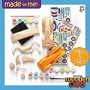 Made By Me Build & Paint Your Own Wooden Cars - DIY Wood Craft Kit, Easy to Assemble and Paint 3 Race Cars – Arts and Crafts Kit for Kids Ages 6 and Up, Multicolor