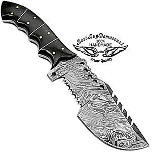 Best.Buy.Damascus1 Buffalo Horn 9.5'' Tracker Fixed Blade Hand Made Damascus Steel Hunting Knife Prime Quality