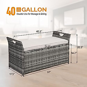 VINGLI 40 Gallon Outdoor Storage Bench with Cushion, Rattan Storage Box, Patio Wicker Deck Box with Seat for Garden | Balcony | Porch | Pool | Yard (Grey Frame + Light Grey Cushion)