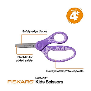 Fiskars Kids Scissors, Scissors for School, Blunt Tip Scissors, 5 Inch, Softgrip, 3 Pack (Blue, Purple, Pink)