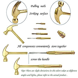 Metal Hammer & Screwdriver 6 in 1 Small Hammer, Multitool Camping Hammer Set with Slotted/Flat Head Phillips Screwdriver Hammers Hand Tools Multitool Hammer Best Gift for Sweetheart(Gold)