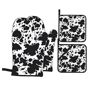 Cow Print Oven Mitts and Pot Holders Set of 4 Washable Heat Resistant Kitchen Gloves Waterproof Oven Gloves and Hot Pads for Cooking Grilling BBQ Baking
