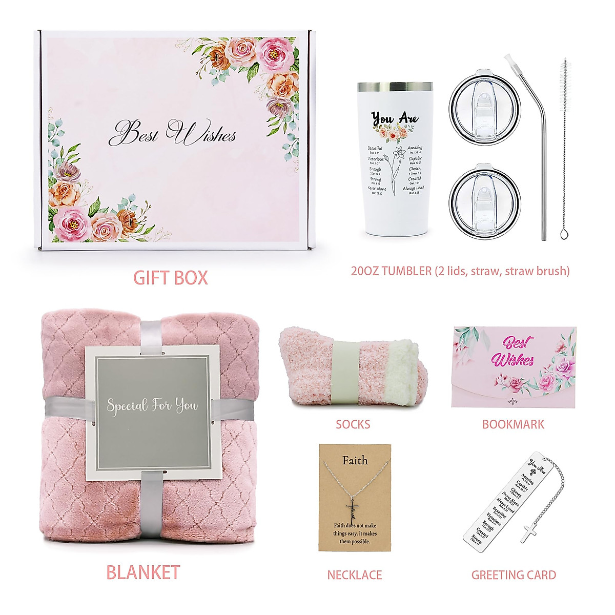 LUDUEIKSW Christian Gifts for Women, Inspirational Religious Gifts Basket, Catholic Spiritual Tumbler Throw Blanket Gift Set, Encouragement Faith Gifts for Mother Wife Sister Friend